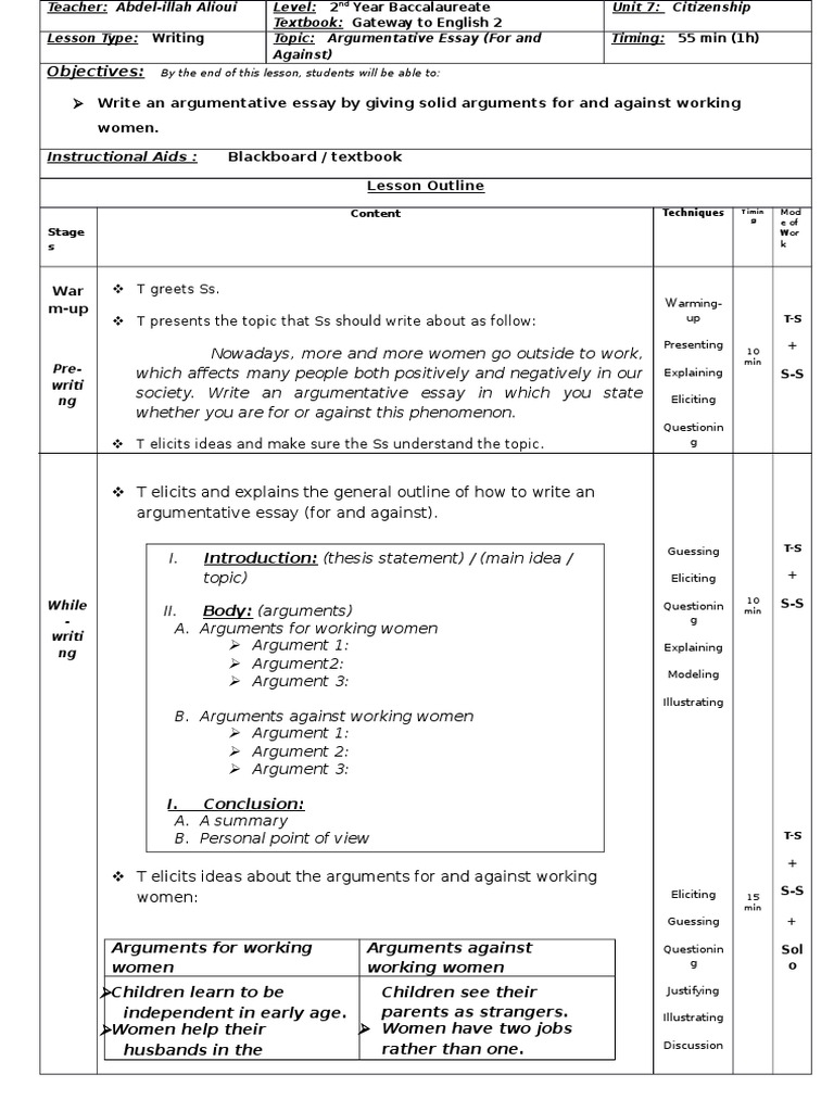 Unit 7 - Writing (Argumentative Essay - For and Against) | PDF | Essays ...
