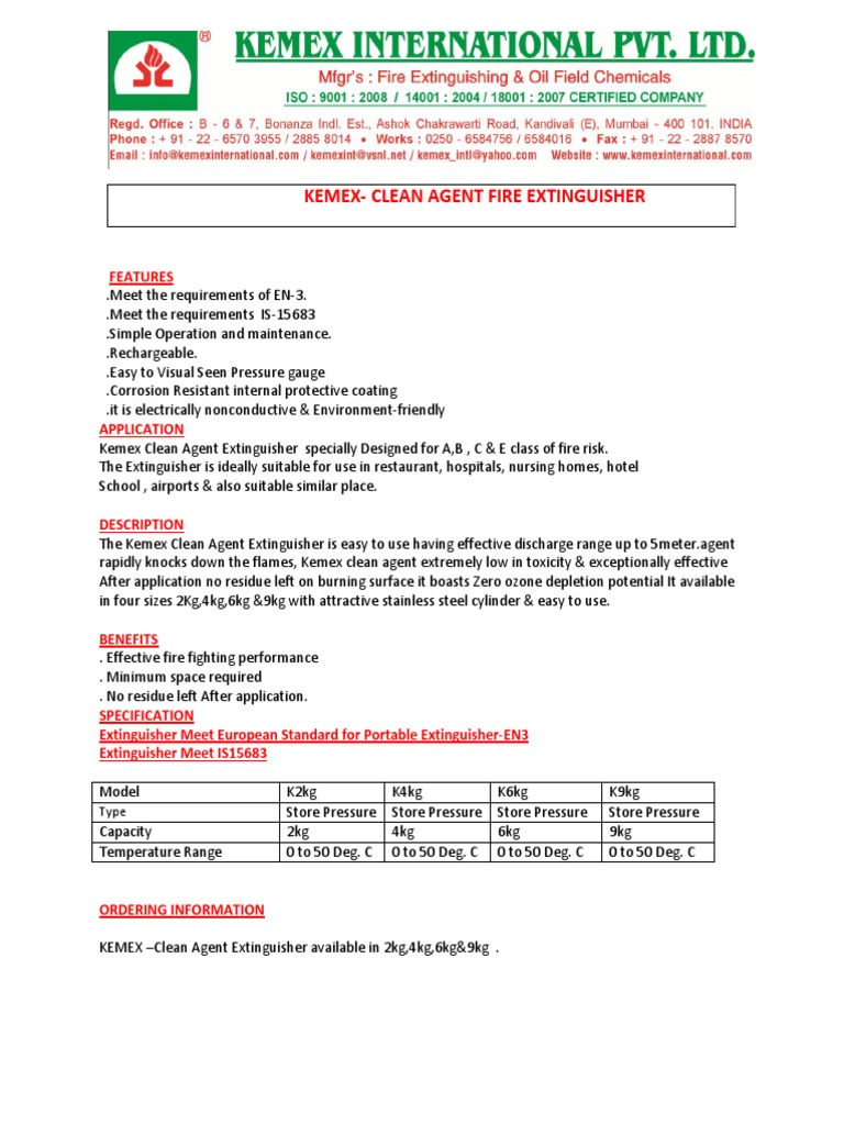 Kemex Clean Agent Fire Extinguisher | PDF