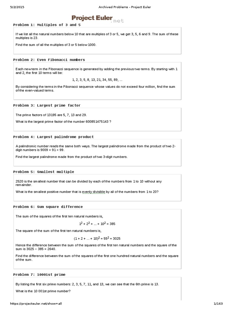 Archived Problems - Project Euler | PDF | Prime Number | Fraction ...