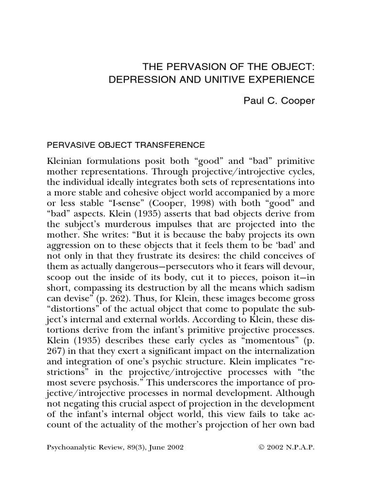 Cooper, P - Depression & Unitive Experience, (2002) 89 Psychoanalytic ...