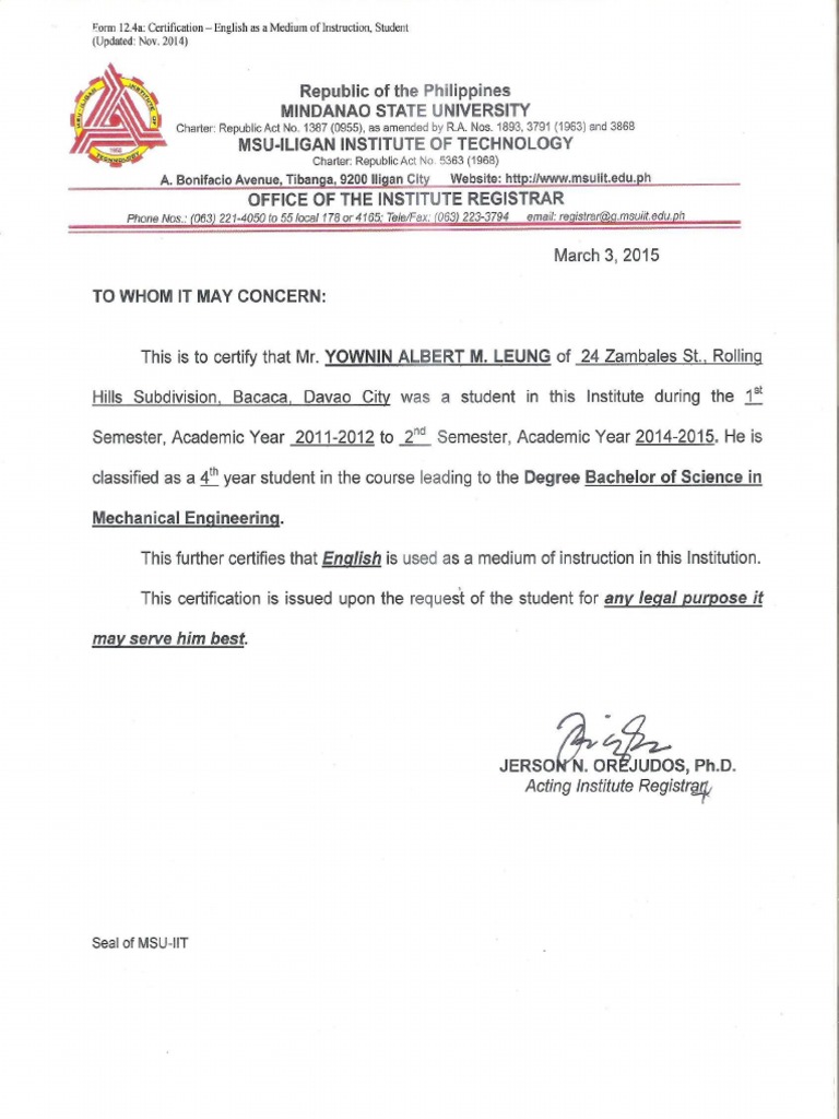 Certificate of English As A Medium of Instruction | PDF