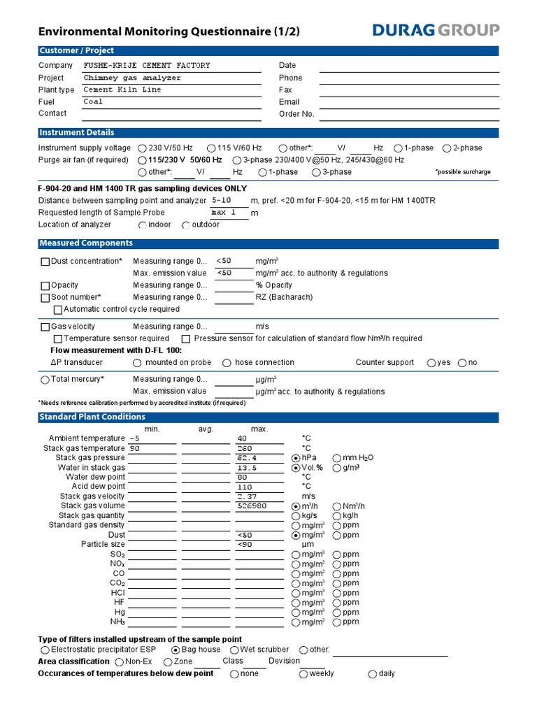 Environmental Monitoring Questionnaire (1/2) : Customer / Project | PDF ...