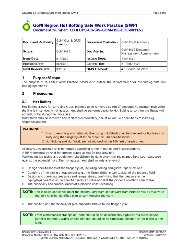 Gom Region Hot Bolting Safe Work Practice (SWP) : Document Number: CD ...