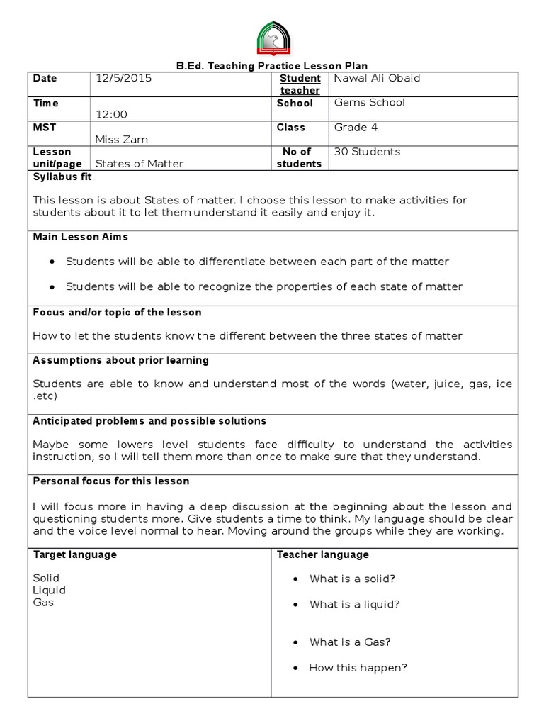 Lesson Plan (States of Matter) | PDF | Lesson Plan | Neuropsychological ...