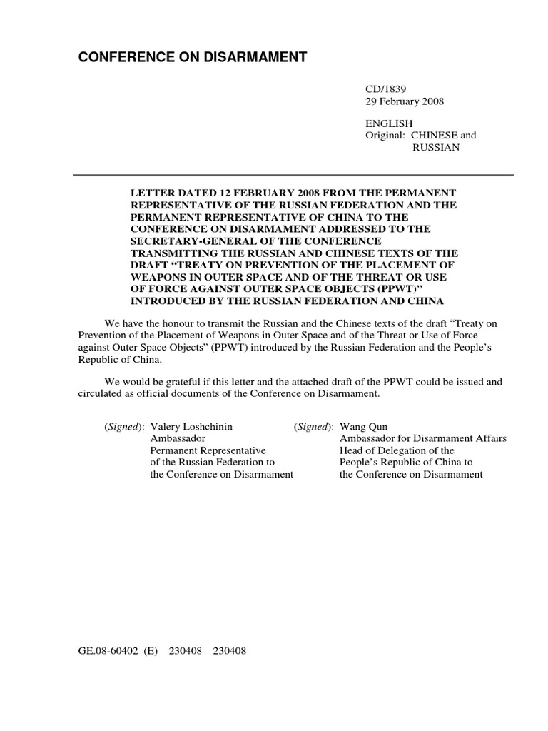 Conference On Disarmament | PDF | Treaty | Outer Space