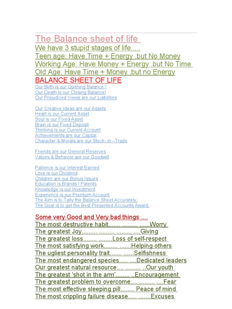 The Balance Sheet of Life | Balance Sheet | Business