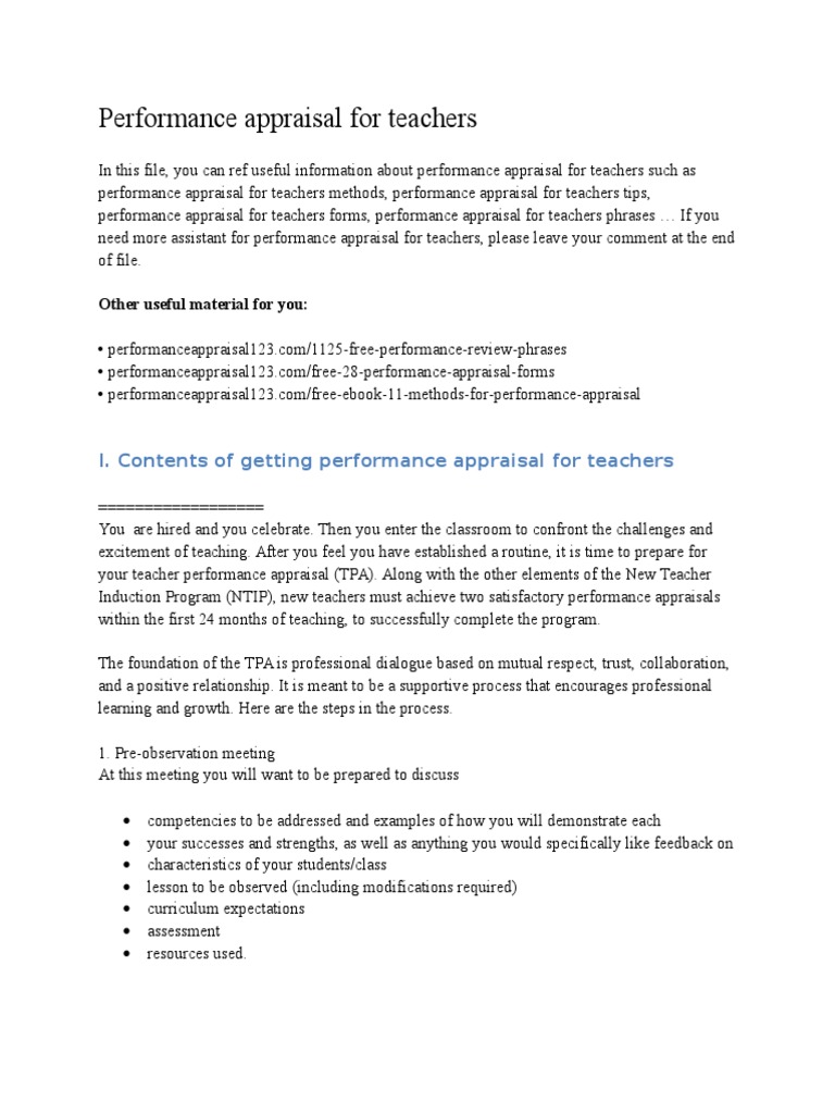 Teacher Performance Appraisal Guide | PDF | Performance Appraisal ...