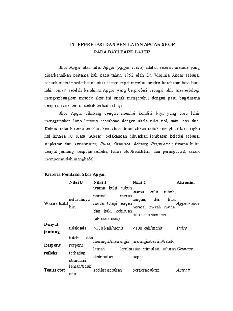 Interpretasi Dan Penilaian Apgar Skor Pada Bayi Baru Lahir | PDF