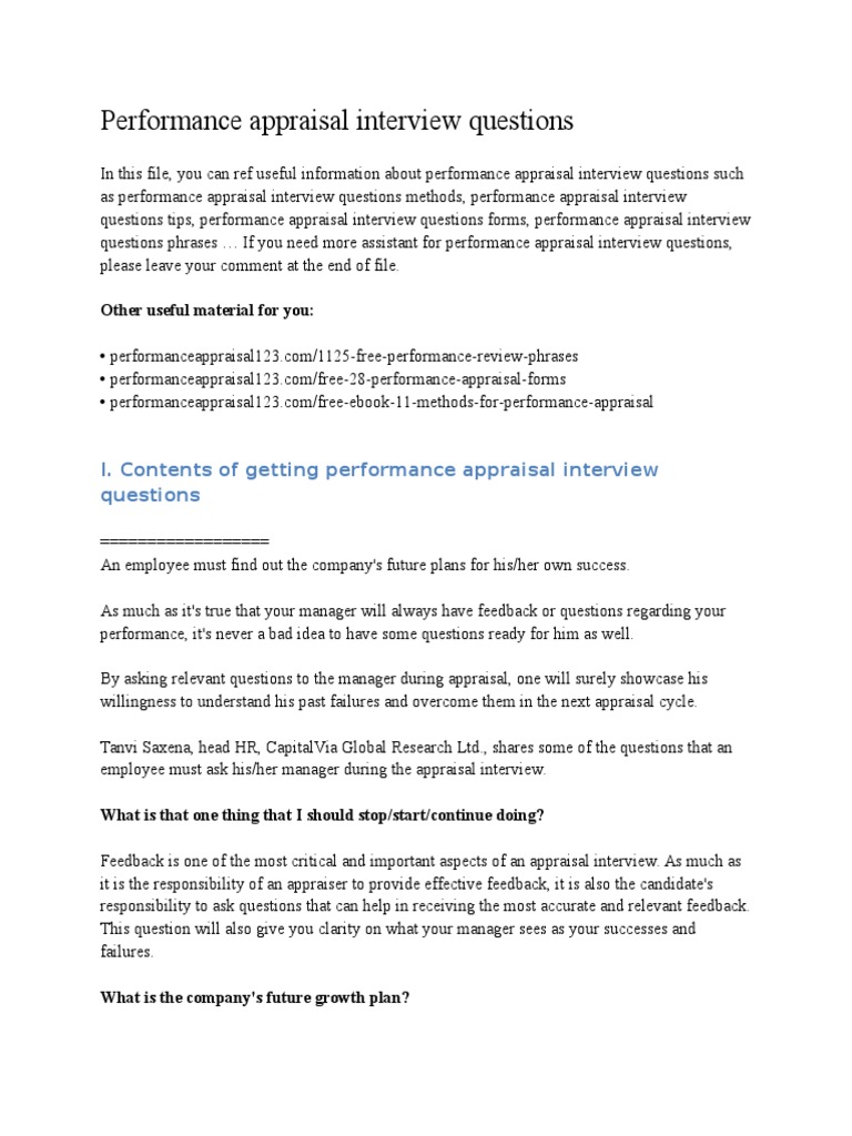 Performance Appraisal Interview Questions | PDF | Performance Appraisal ...