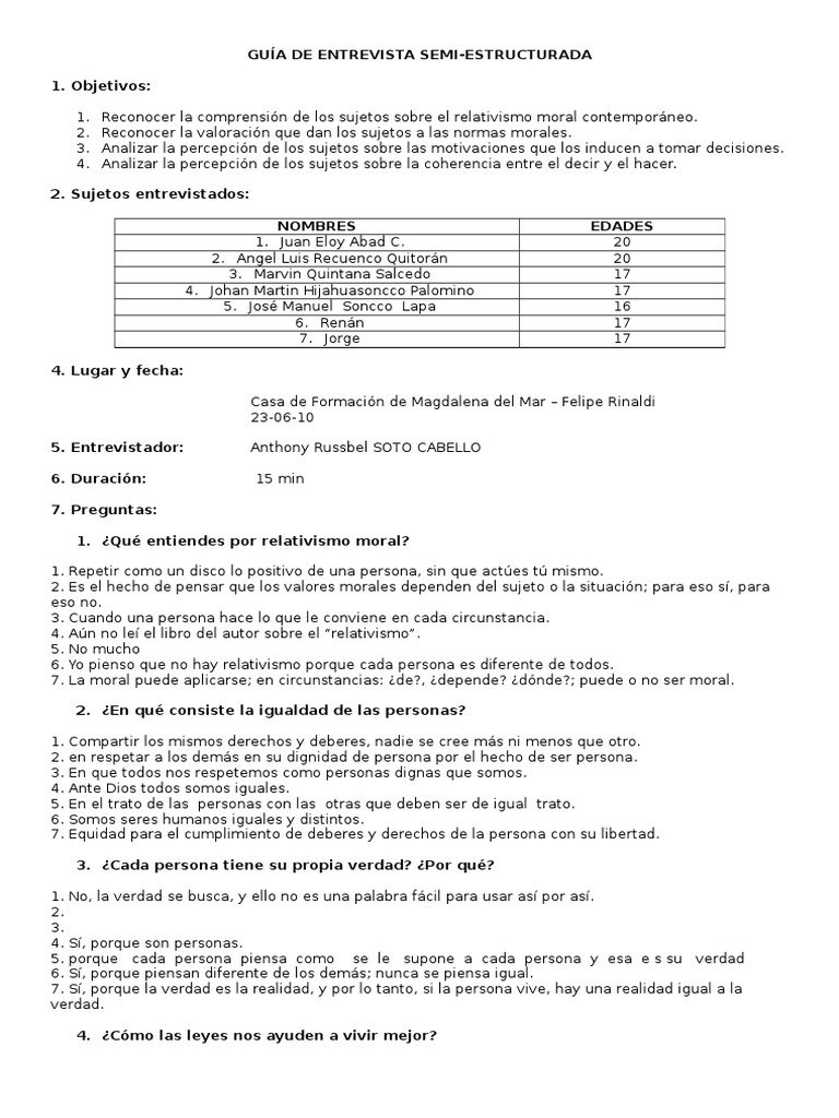 Aplicacion de La Entrevista Semi - Estructurada | PDF | Toma de decisiones | Autoestima