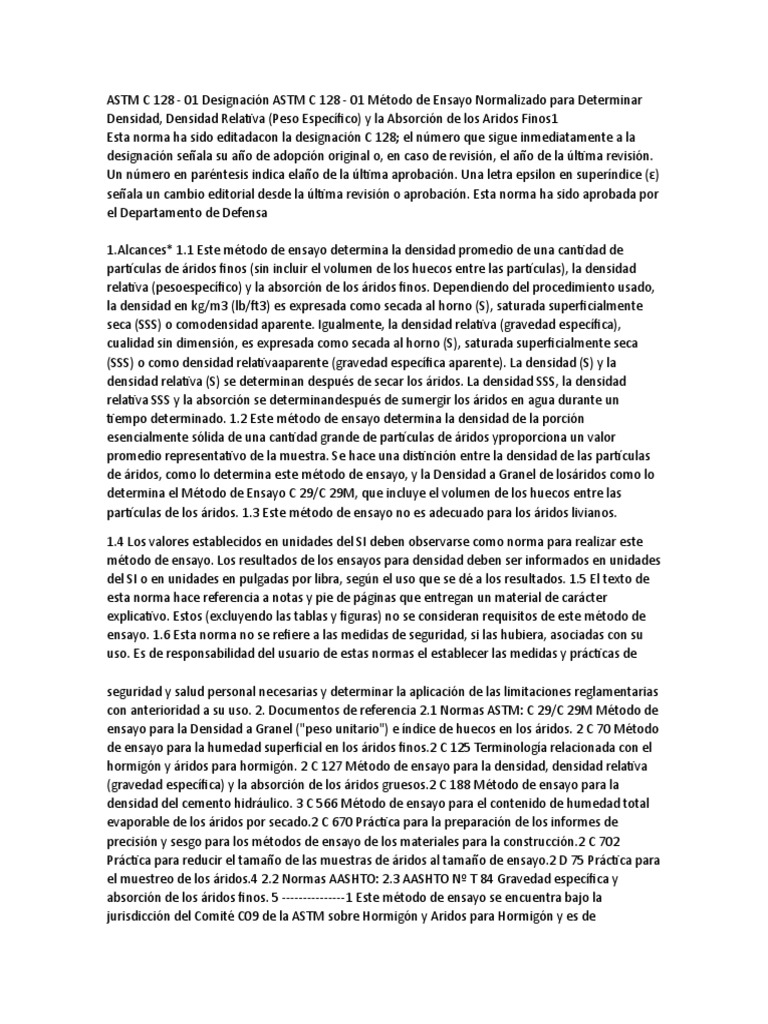 Astm C 128 | PDF | Absorción (Química) | Densidad