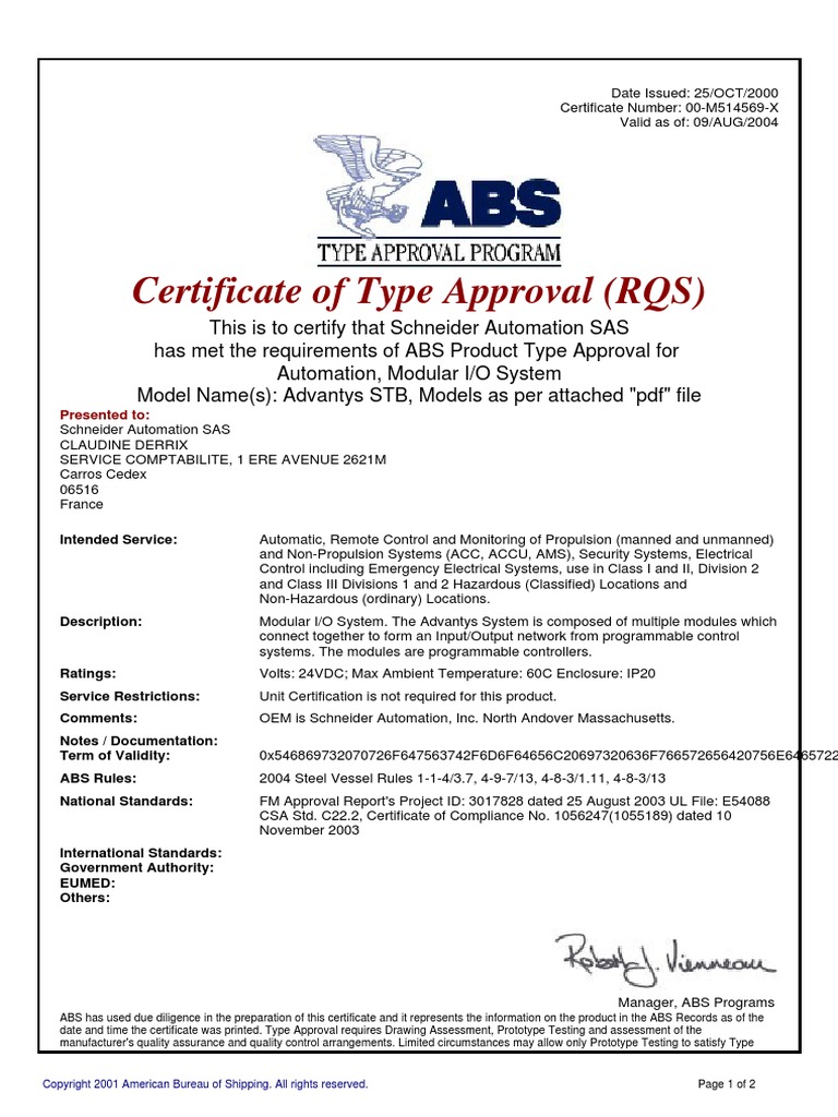 Abs Type Approval Certificate | PDF | Industries | Engineering