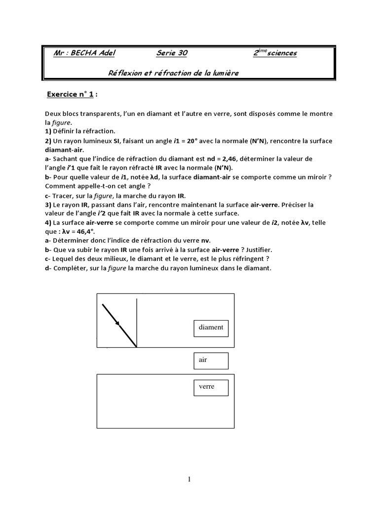 Exercices sur la réflexion et réfraction de la lumière | PDF ...