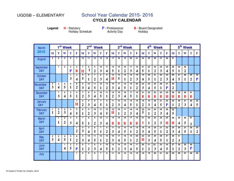 UGDSB 2015-2016 Elementary Calendar | PDF
