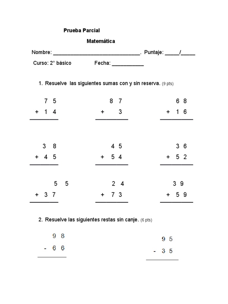 Examen de Sumas y Restas 2° Básico | PDF | Finanzas y dinero