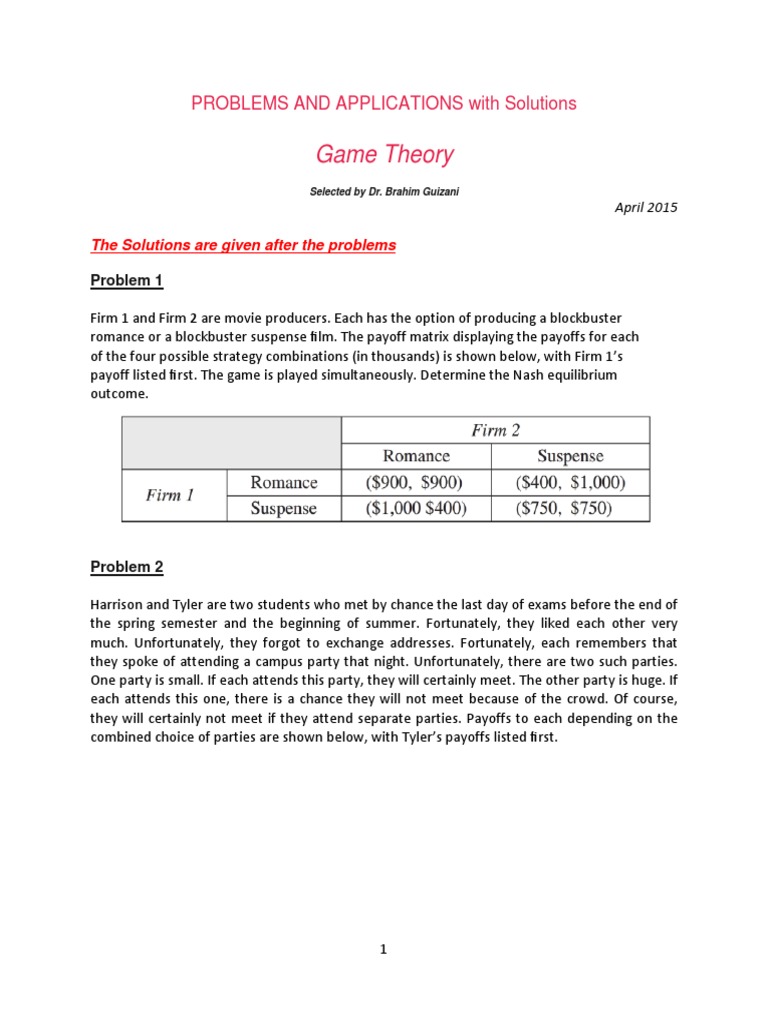 Game Theory Problems & Solutions | PDF | Economics Of Uncertainty ...
