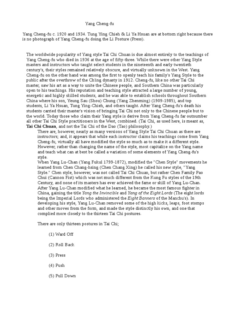 Yang Cheng Fu | PDF | Tai Chi | Chinese Martial Arts
