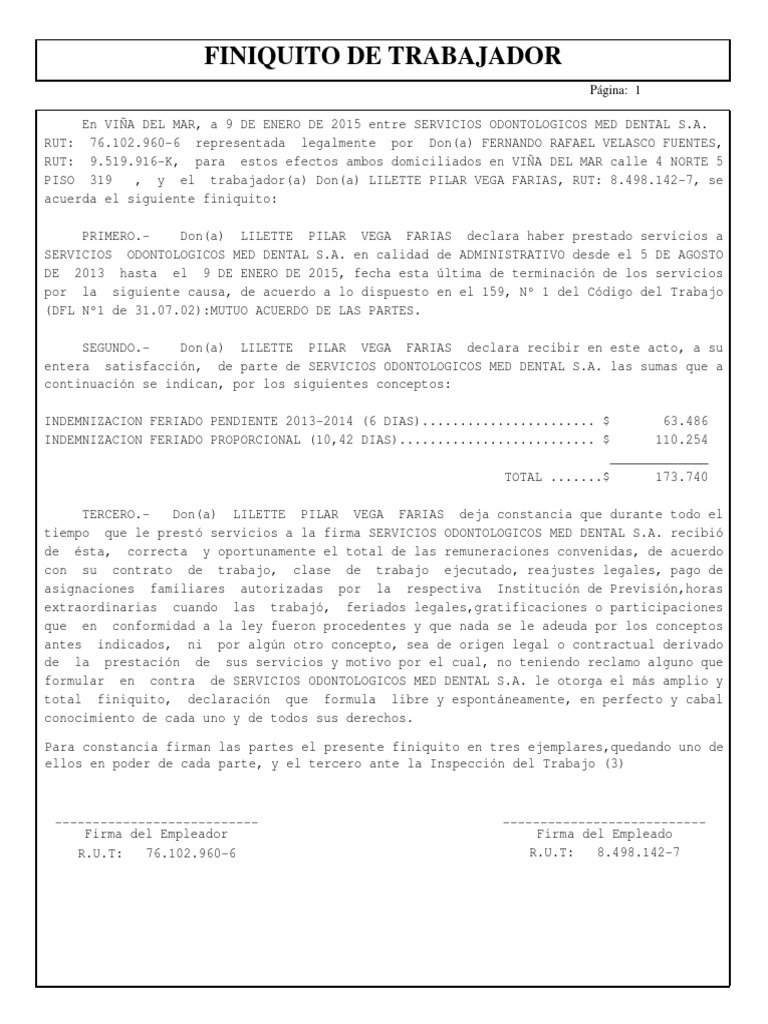 Finiquito por Mutuo Acuerdo Laboral | PDF