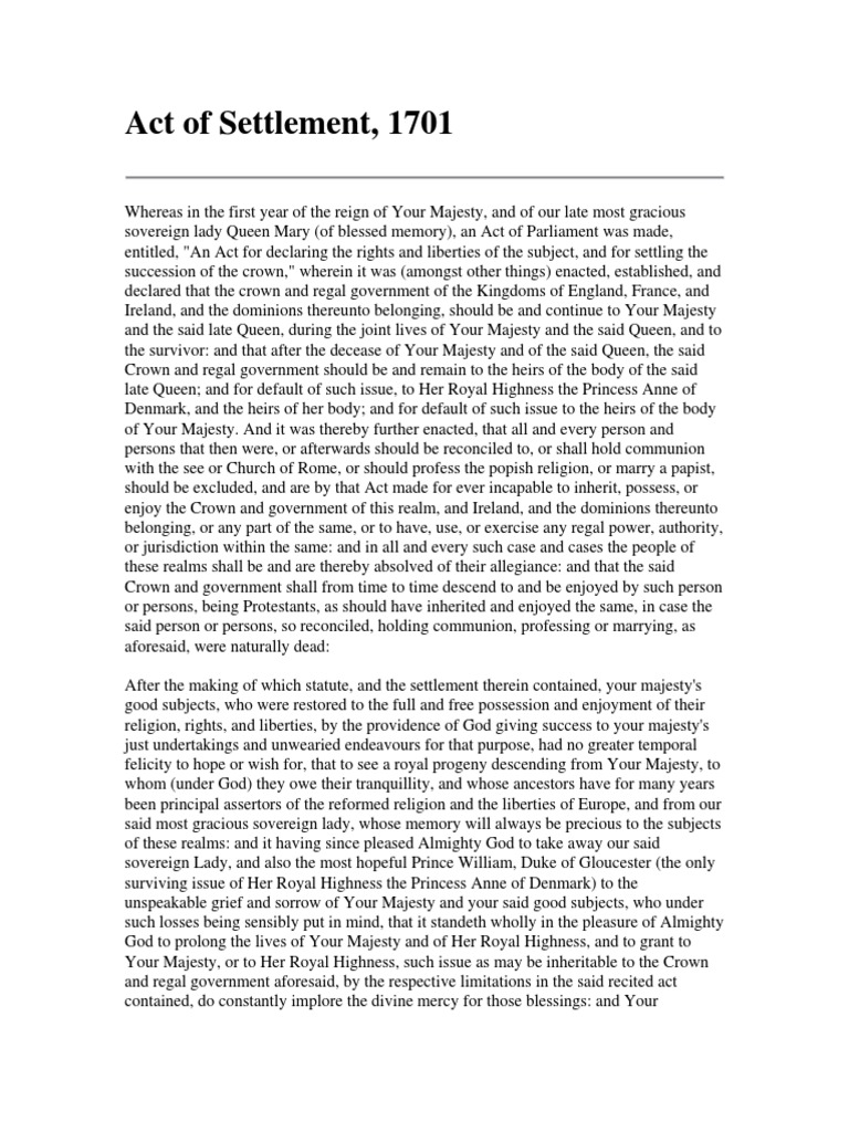 Act of Settlement 1701 Overview | PDF | Government | Monarchy