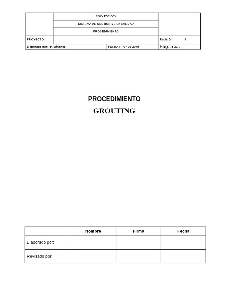 Plan de Gestion de Calidad - Procedimiento Grouting | PDF | Calidad (comercial) | Sistema de ...