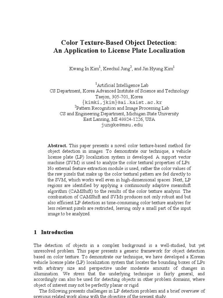 Color Texture-Based Object Detection: An Application To License Plate Localization | PDF ...