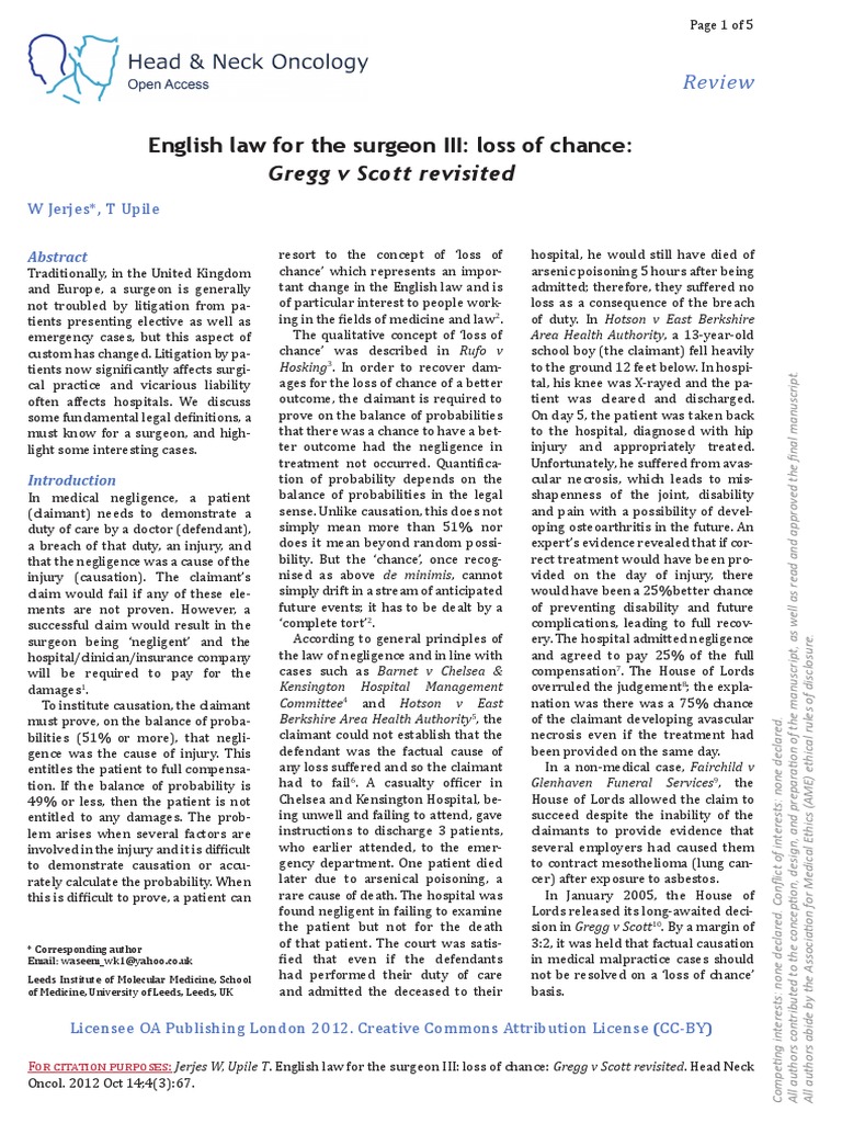 English Law For The Surgeon III: Loss of Chance:: Gregg V Scott ...