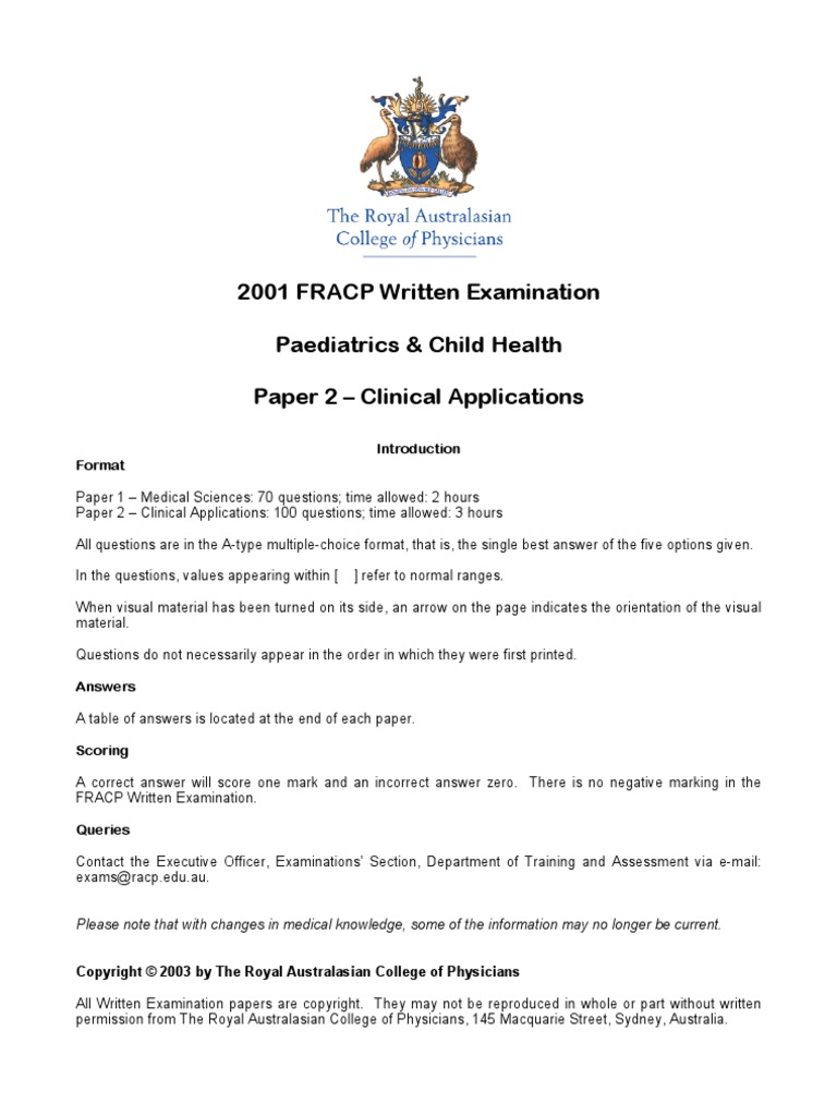 2001 FRACP Written Examination Paediatrics & Child | Medical ...