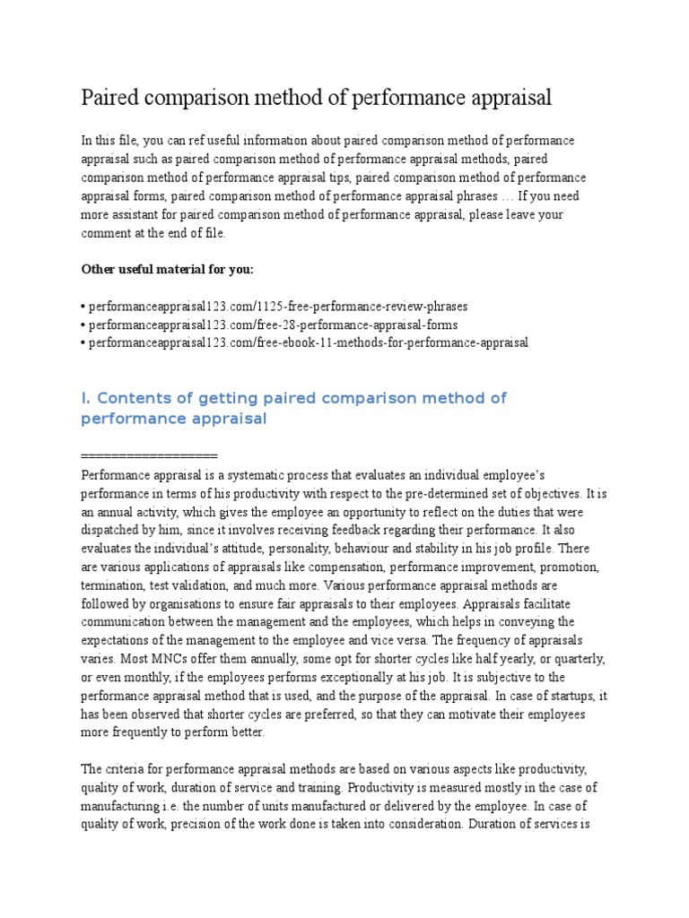 Paired Comparison Method of Performance Appraisal | PDF | Performance ...