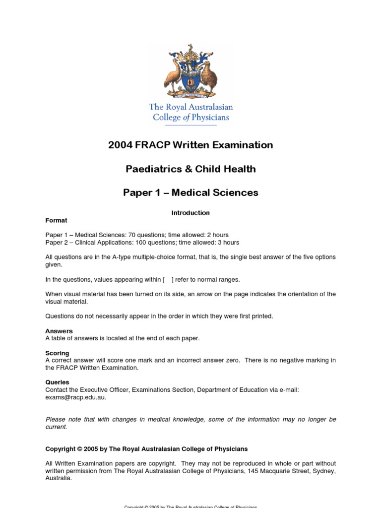 2004 FRACP Written Examination Paediatrics & Child | PDF | Primer ...