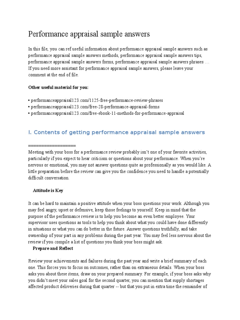 Performance Appraisal Sample Answers | Performance Appraisal ... Performance Appraisal Sample Answers | Performance Appraisal ...