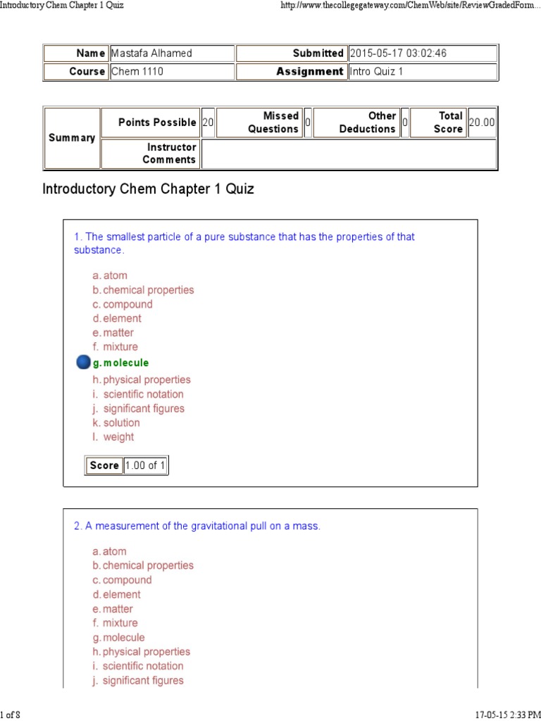 Introductory Chem Chapter 1 Quiz | PDF | Matter | Chemical Substances