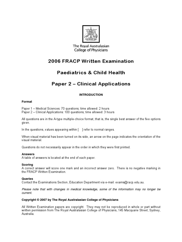 2006 FRACP Written Examination Paediatrics & Child | PDF | Rtt ...