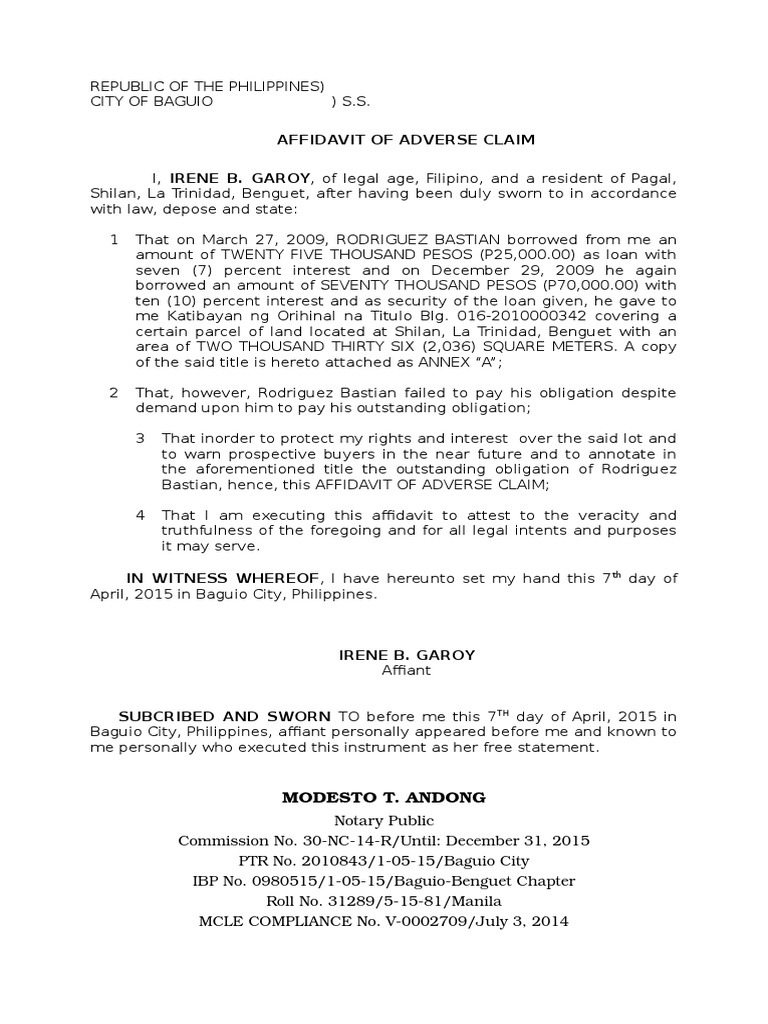 Affidavit of Adverse Claim Sample | PDF