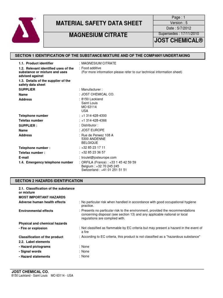 MG Citrate Msds en | PDF | Safety | Chemistry
