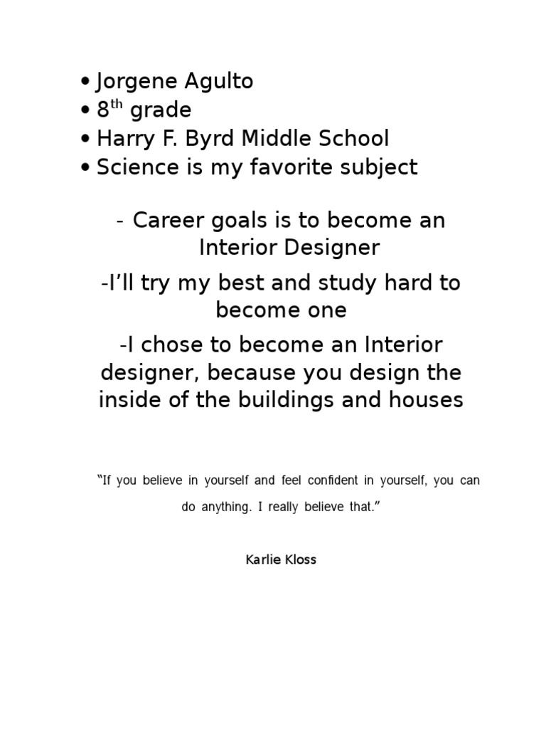8th Grader's Interior Design Goals | PDF | Self-Improvement | Wellness