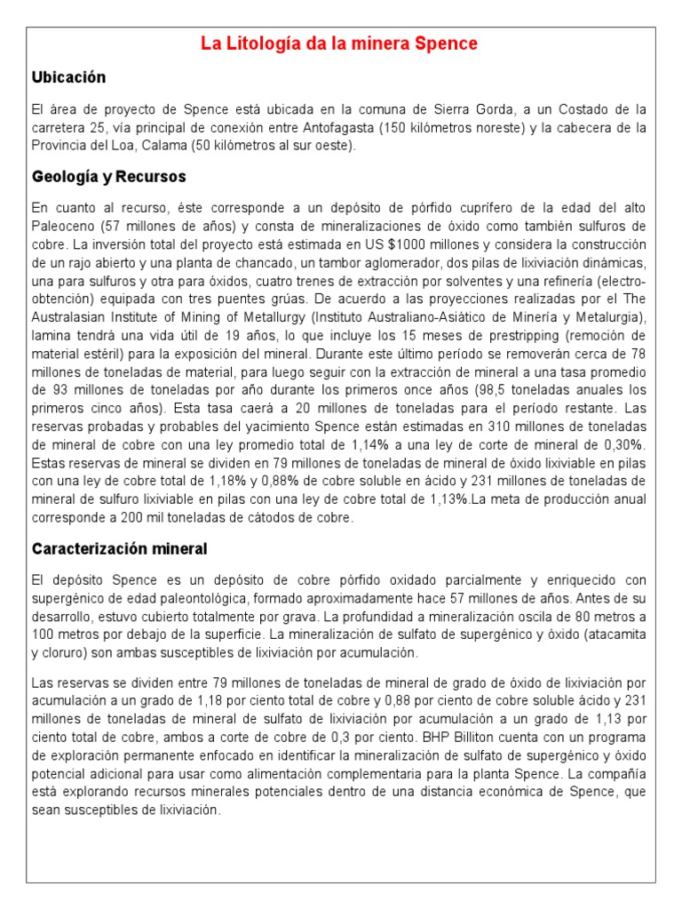 Litología del Proyecto Minera Spence | PDF | Minería | Cobre