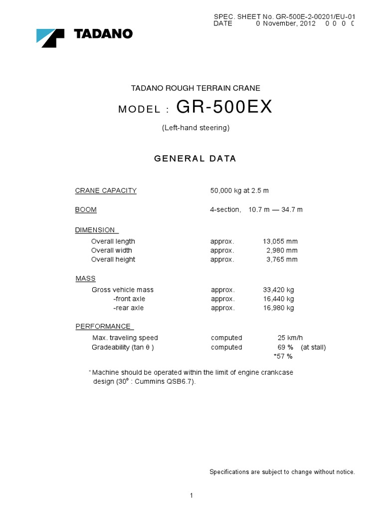 TADANO GR-500EX Crane Specifications | PDF | Transmission (Mechanics ...
