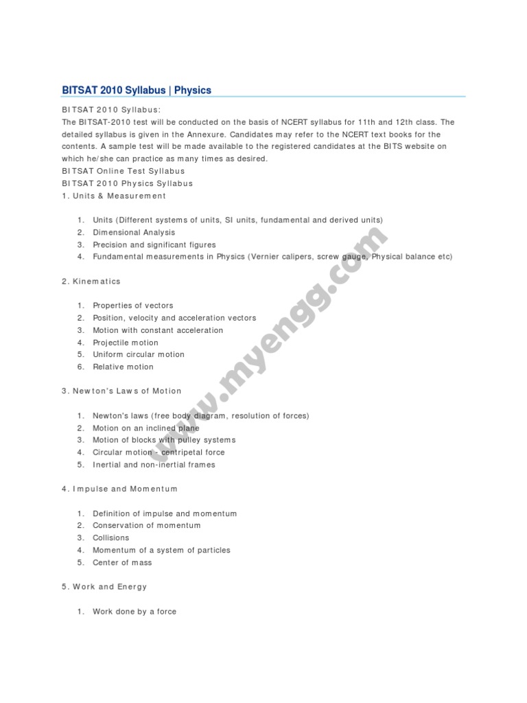 BITSAT 2010 Syllabus - Physics | PDF | Circle | Integral