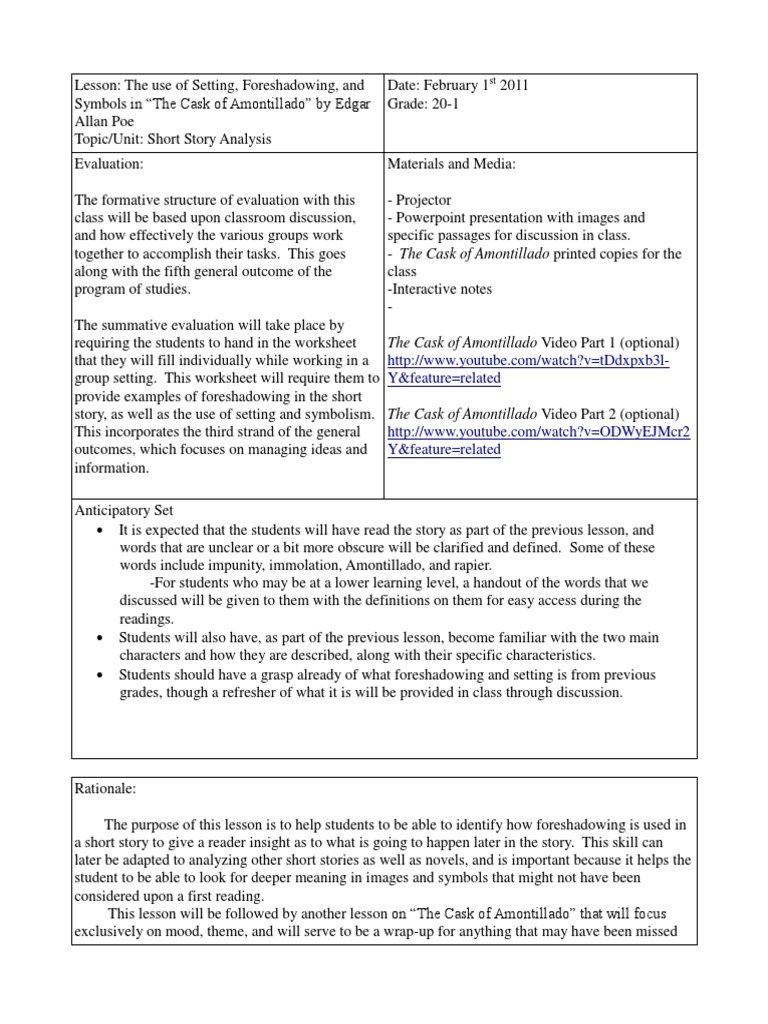 Cask of Amontillado Lesson Plan | PDF | Lesson Plan | Worksheet