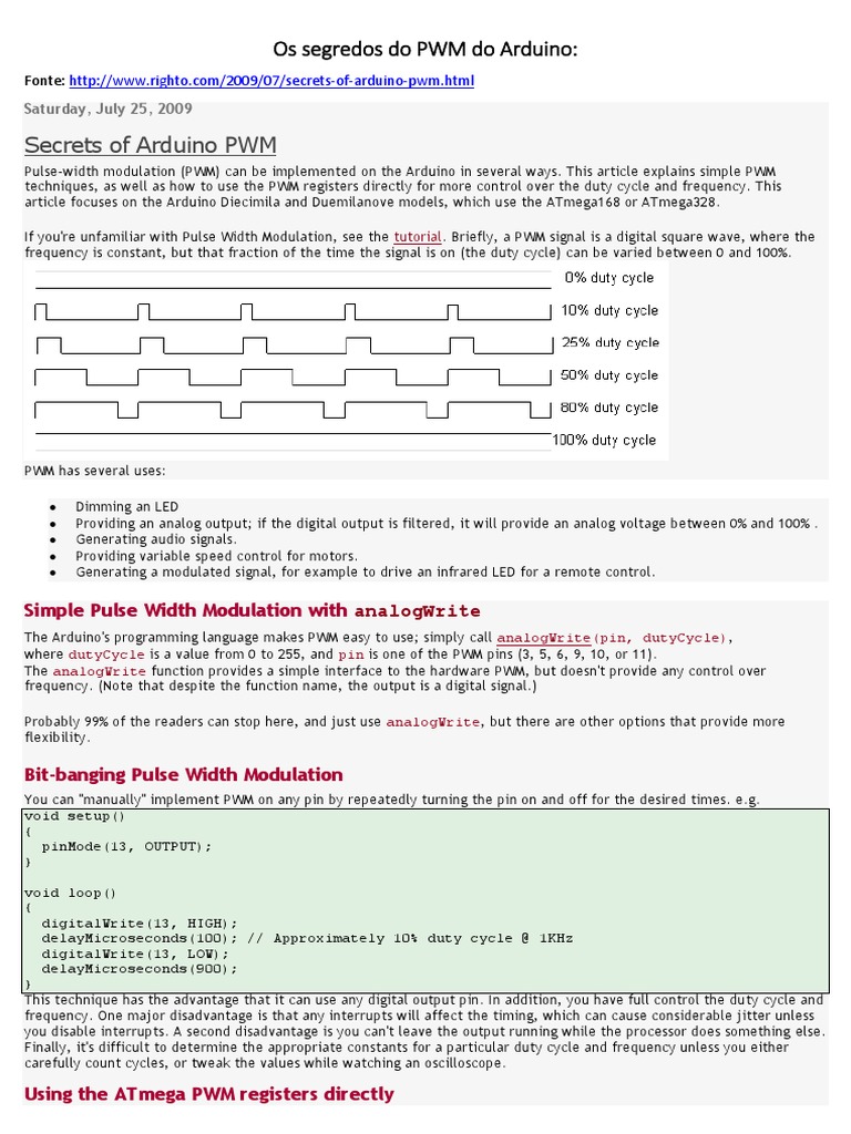 Os Segredos Do PWM Do Arduino | PDF | Computer Hardware | Telecommunications Engineering