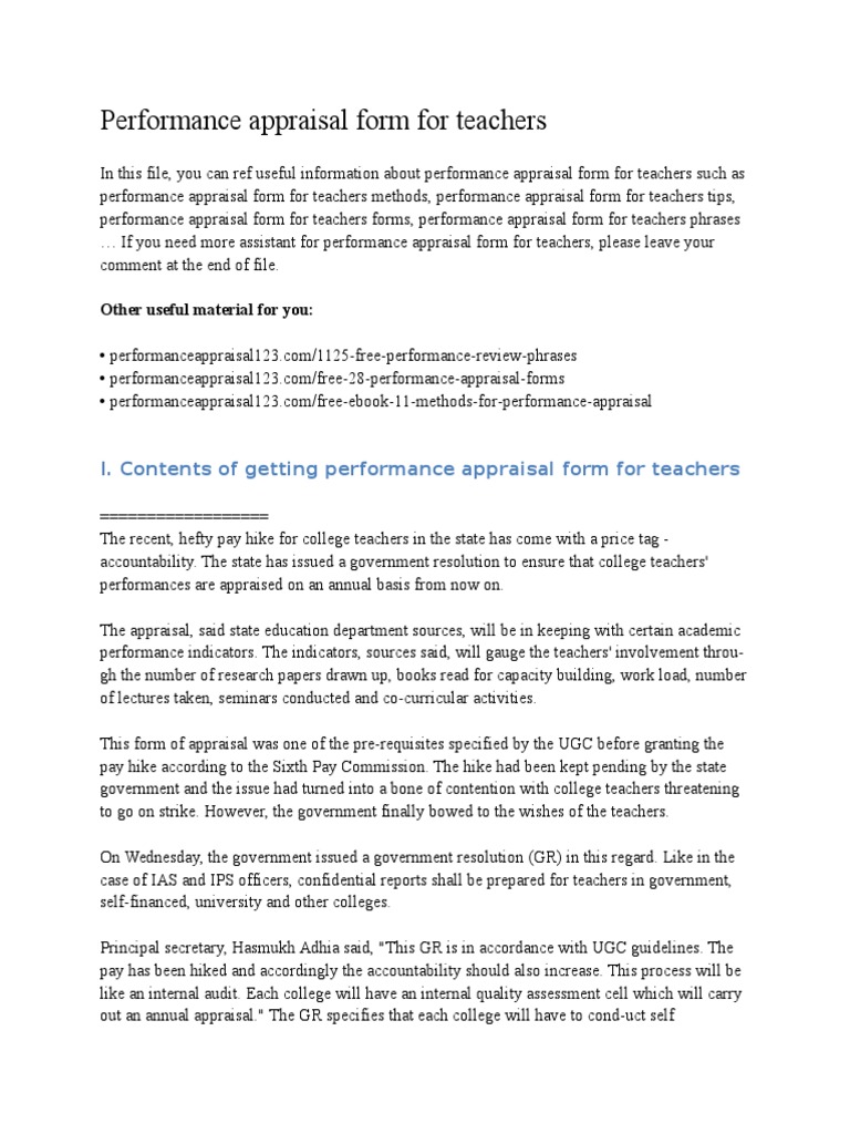Performance Appraisal Form For Teachers | PDF | Performance Appraisal ...