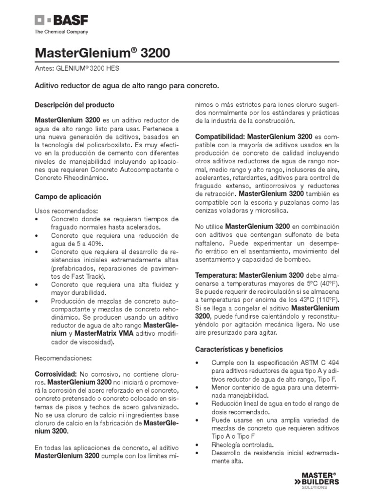 Basf Masterglenium 3200 Tds | PDF | Hormigón | Cemento
