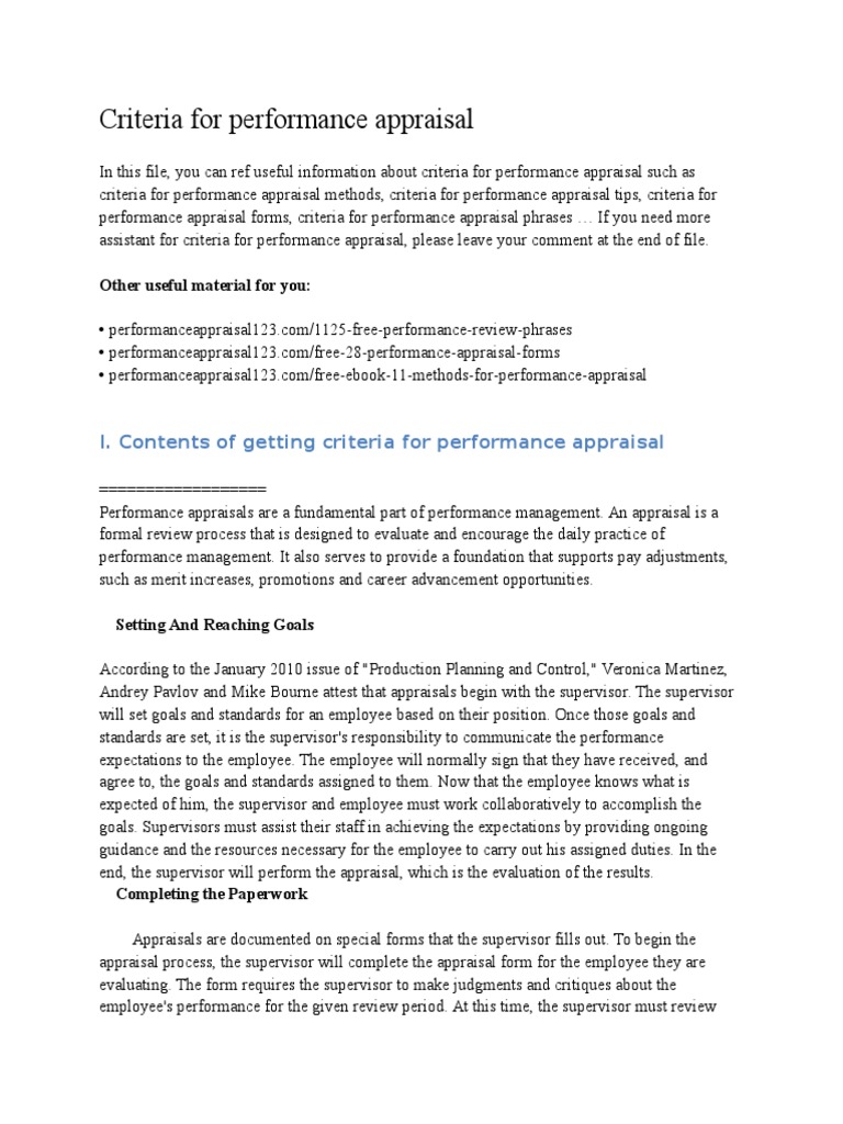 Criteria For Performance Appraisal | PDF | Performance Appraisal ...