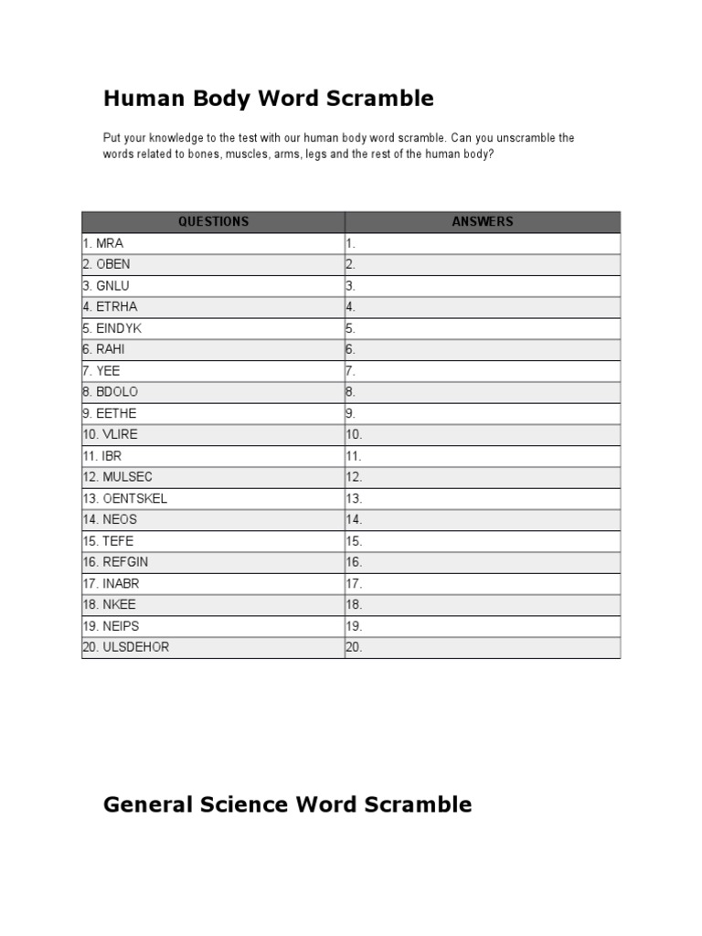 Human Body Word Scramble | PDF