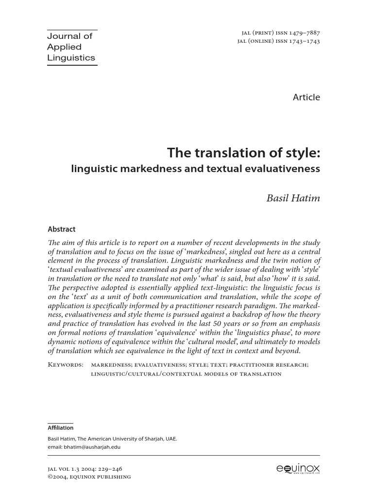The Translation of Style:: Linguistic Markedness and Textual ...