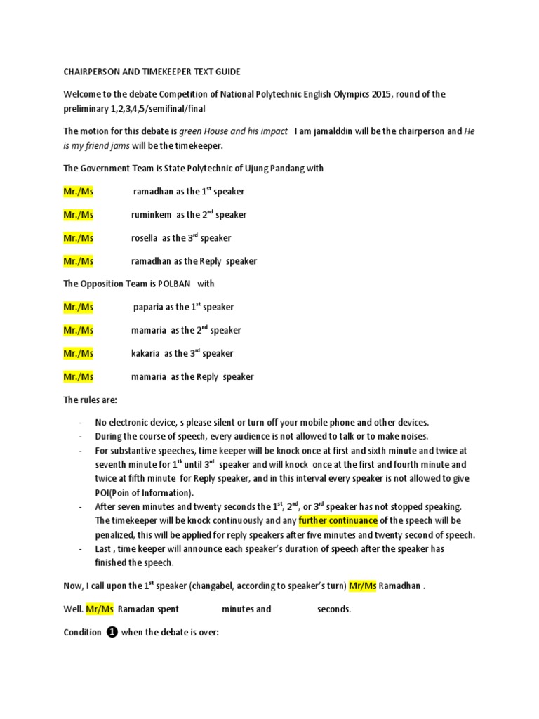 CHAIRPERSON AND TIMEKEEPER TEXT GUIDE Debat PDF | PDF | Political ...