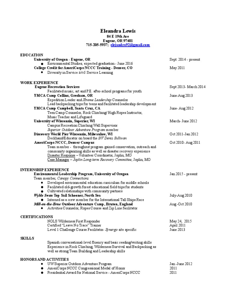 Eleandra Lewis: Environmental Studies Resume | PDF