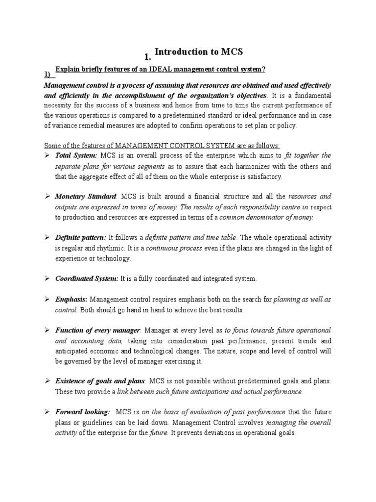 Introduction To MCS: 1) Explain Briefly Features of An IDEAL Management ...