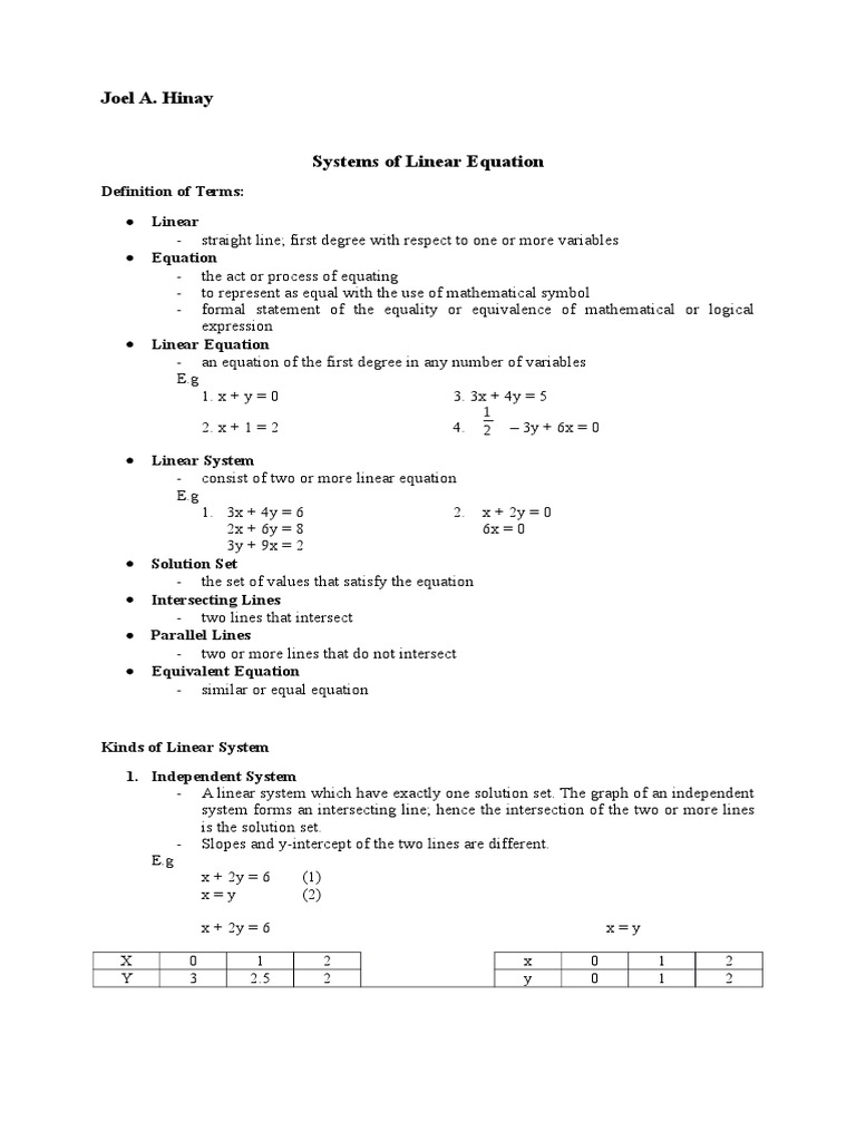 Systems of Linear Equation (Handouts) | PDF | System Of Linear ...