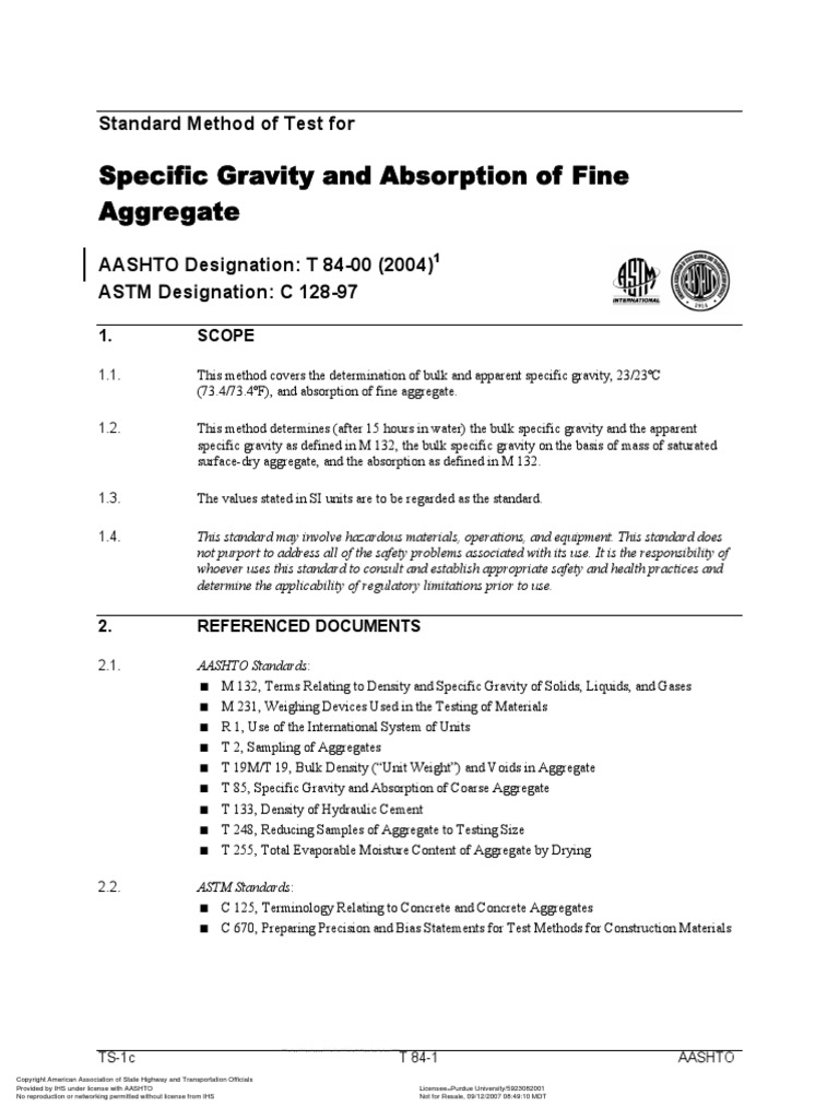 ASTM C-128 Specific Gravity and Absorption of Fine Aggregate | PDF | Density | Construction ...
